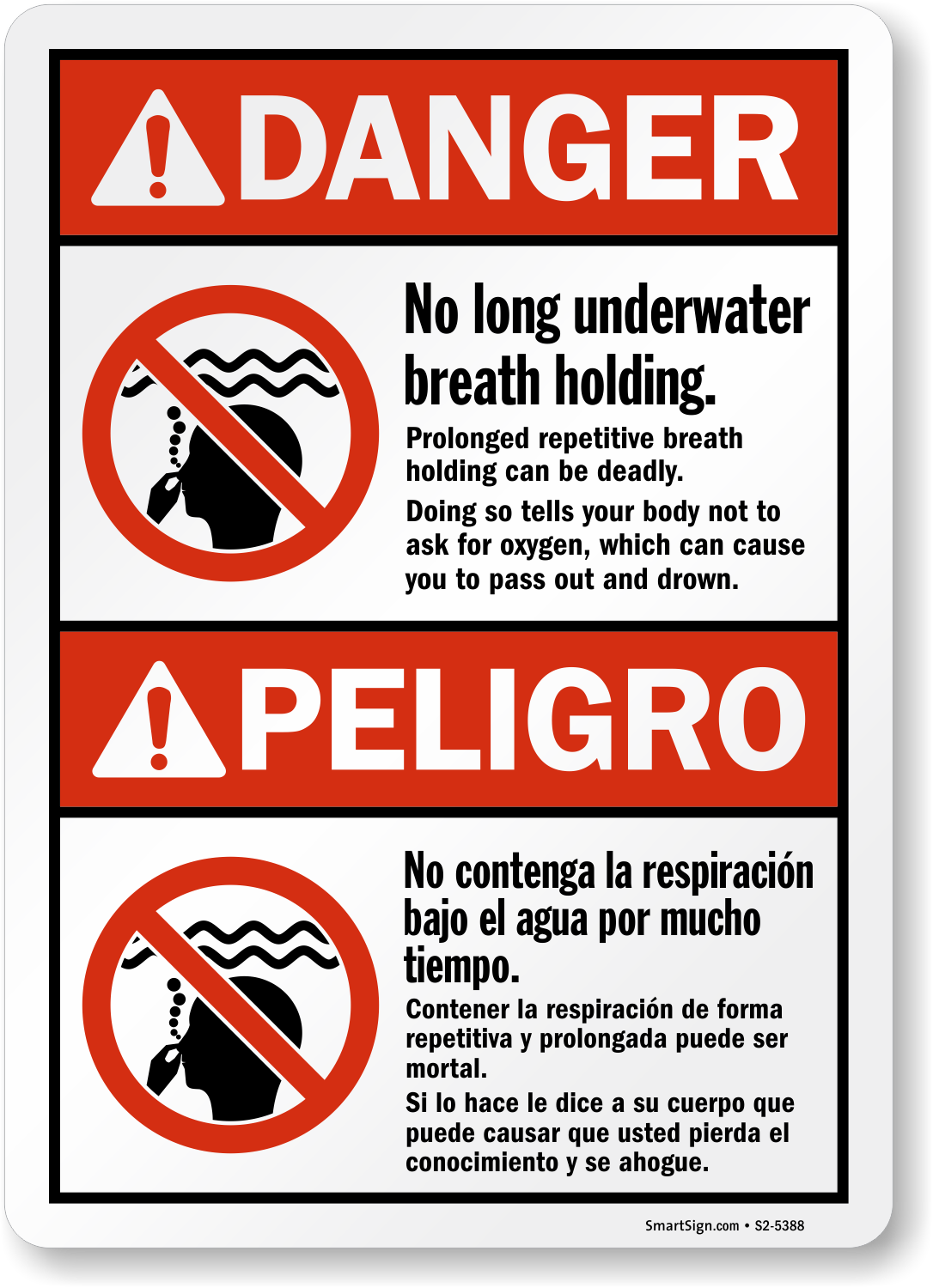 No Long Underwater Breath Holding Bilingual Danger Sign, SKU: S2-5388